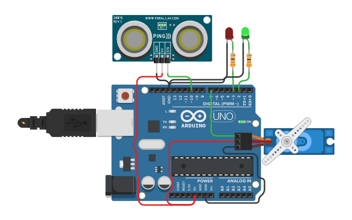 Circuit design ULTRASONIK_LED_SERVO | Tinkercad