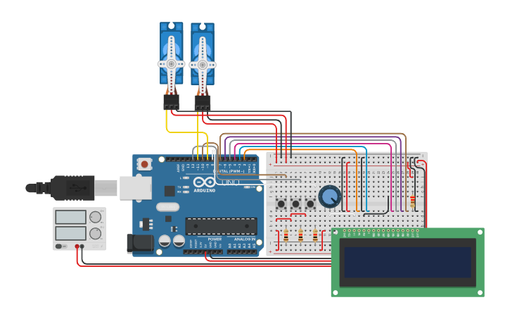 Circuit design Vending machine for 2 items - Tinkercad