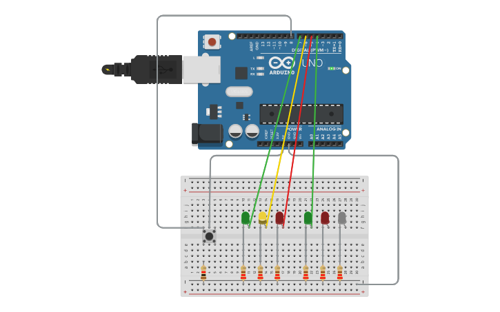 Circuit design Semáforo con pulsador 2 | Tinkercad