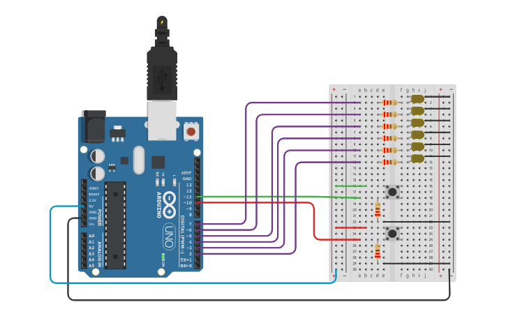 Circuit design encender y apagar 6 leds con dos pulsadores - Tinkercad