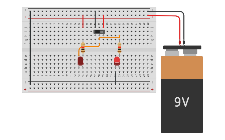 Circuit design One LED switch on, the other LED switch off - Tinkercad