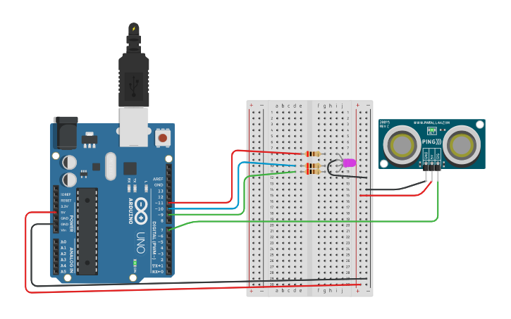 Circuit design Ultrasonic Sensor - Tinkercad