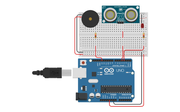 Circuit design Sensor Ultrassônico com Buzzer e LED - Tinkercad