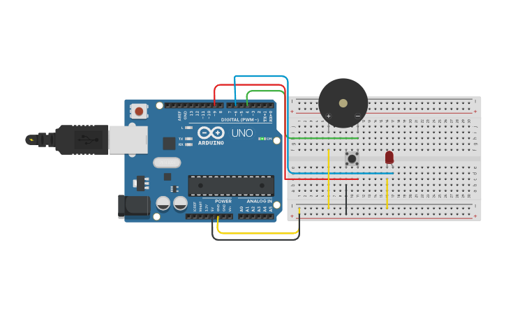 Circuit design BUZZER WITH BUTTON and LED - Tinkercad