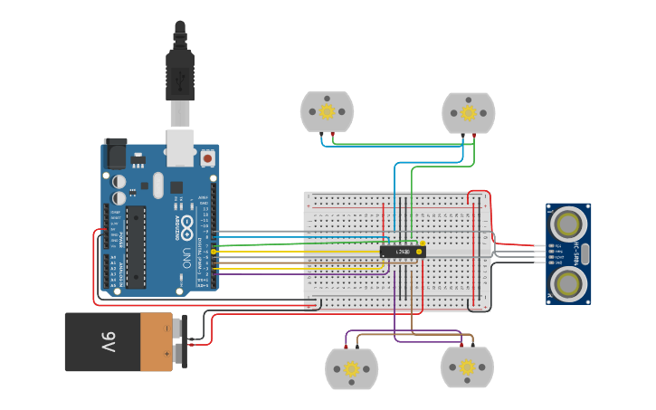 Circuit design four wheels car - Tinkercad