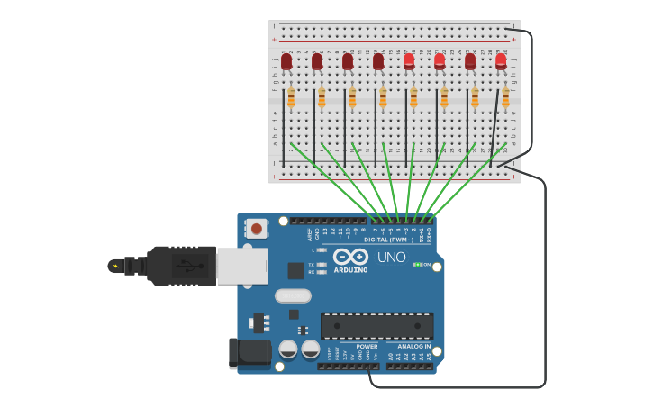 Circuit design Binary LEDs | Tinkercad