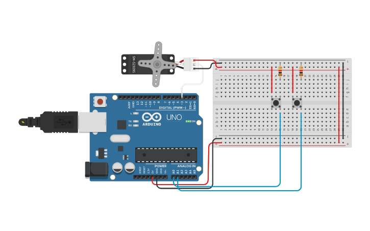 Circuit design button-operated servo - Tinkercad