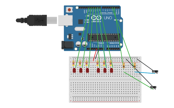 Circuit design TP 3 DOS PULSADORES - Tinkercad