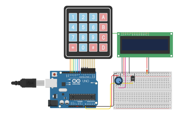 Circuit design 4x4 Calculator with tmp36 - Tinkercad