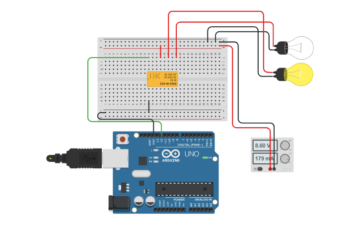 Circuit design Práctica relé DPDT 16 - Tinkercad