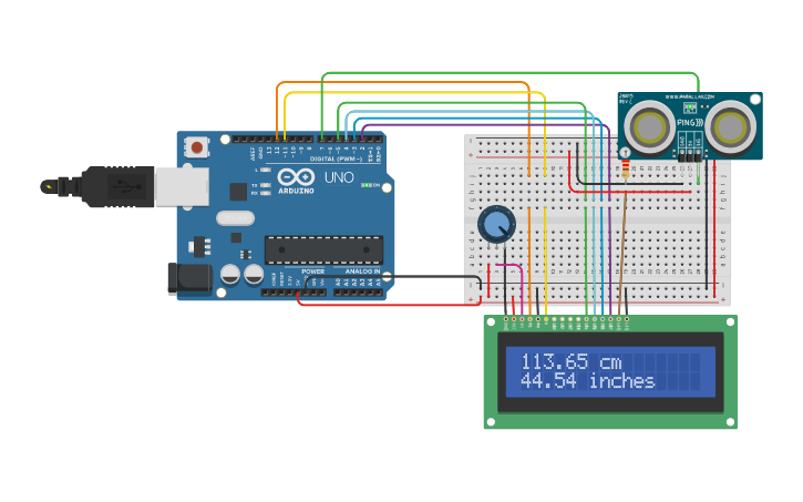 Circuit Design ЖК Экран и Ультразвуковой дальномер Tinkercad