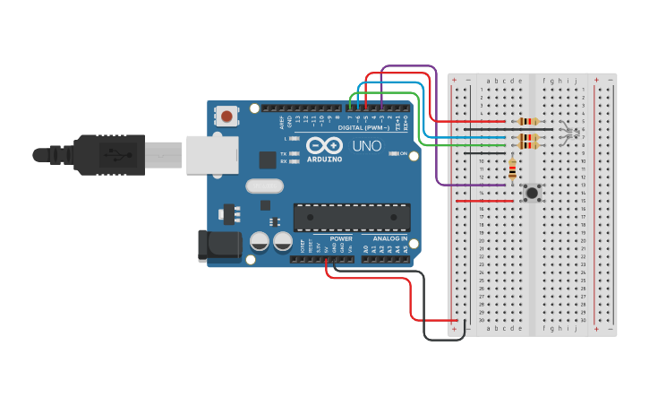 Circuit design Led multi color Prac. 4 - Tinkercad