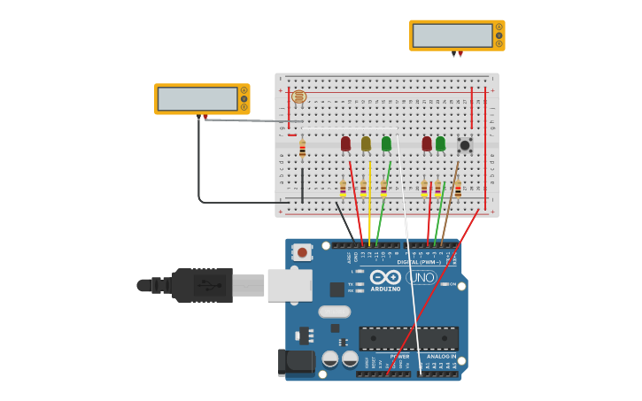 Circuit design Ampel mit Lichtsensor, interrupt Schalter - Tinkercad