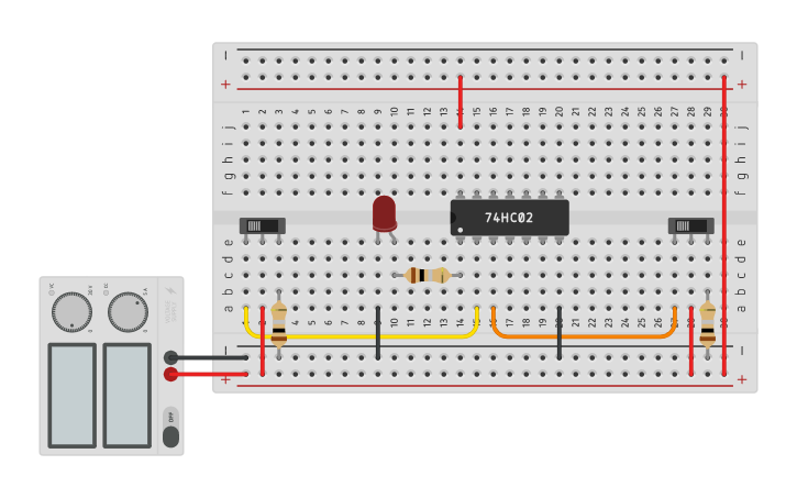 Circuit design Multiplayer game trigger (NOR) - Tinkercad