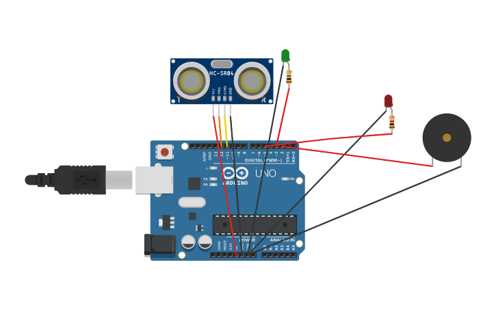Circuit design controling led and buzzer using ultrasonic sensor ...