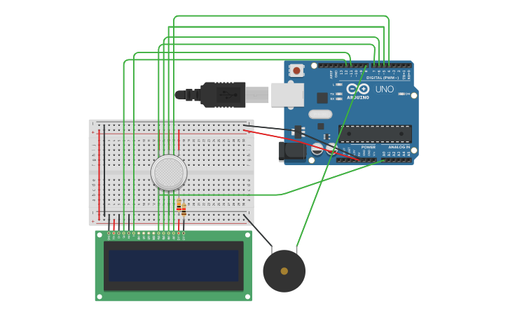 Circuit design Buzzer, gás e LCD | Tinkercad