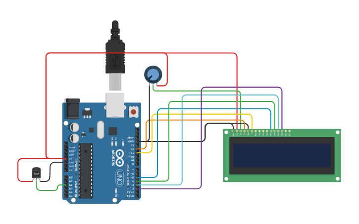 Circuit design Temperature with LCD Display - Tinkercad