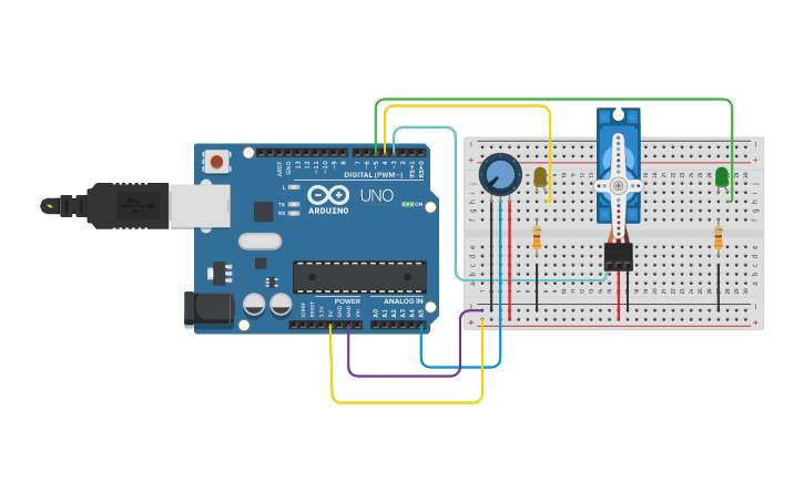 Circuit design Conecte un servomotor y dos LEDS y un potenciómetro ...