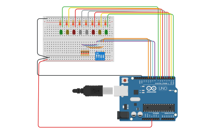 Circuit design Logische Verknüpfungen 4xSchalter 8xLED - Tinkercad