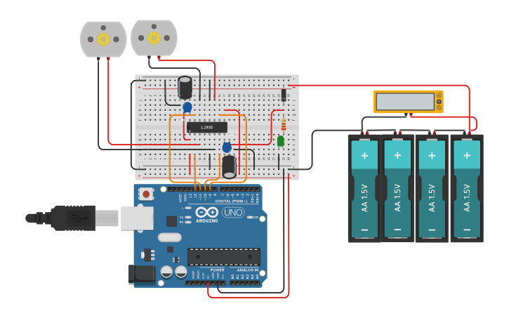 Circuit design 2 Motoren met chip en 1 knop | Tinkercad