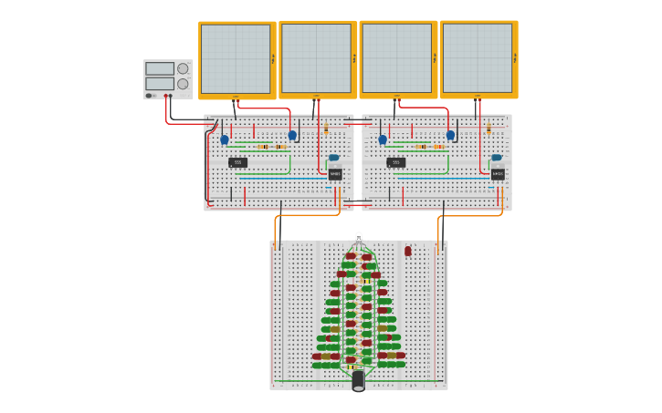 Circuit design Timer 555 and LEDs Christmas Tree - Tinkercad