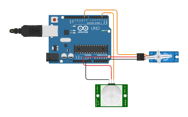 Circuit Design Servo Motor Direction Control Using Pir Tinkercad