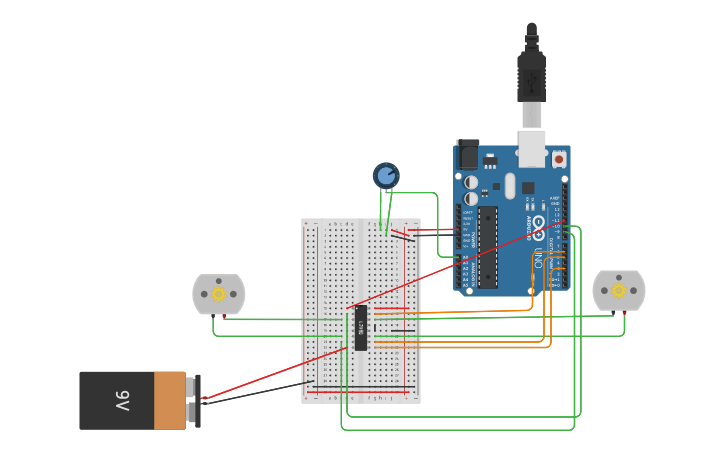Circuit design 2 DC motor control with potentiometer - Tinkercad
