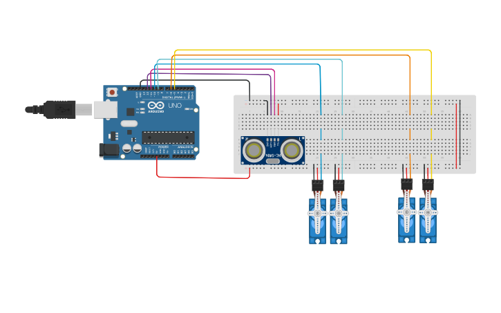 Circuit Design Arduino 4 Servomotores Y 1 Sensor Ultrasonido Tinkercad