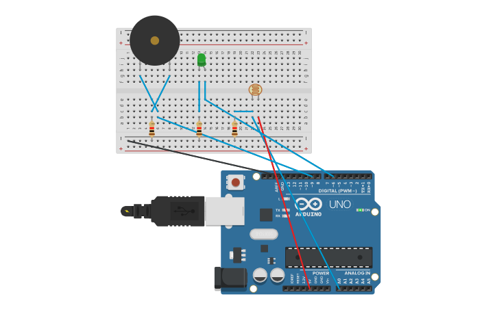 Circuit design Light Sensor with Piezo and LED | Tinkercad