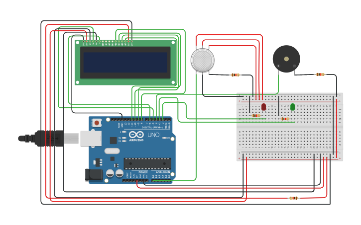 Circuit design Gas Leakage Monitoring and Alerting System for Industries - Tinkercad