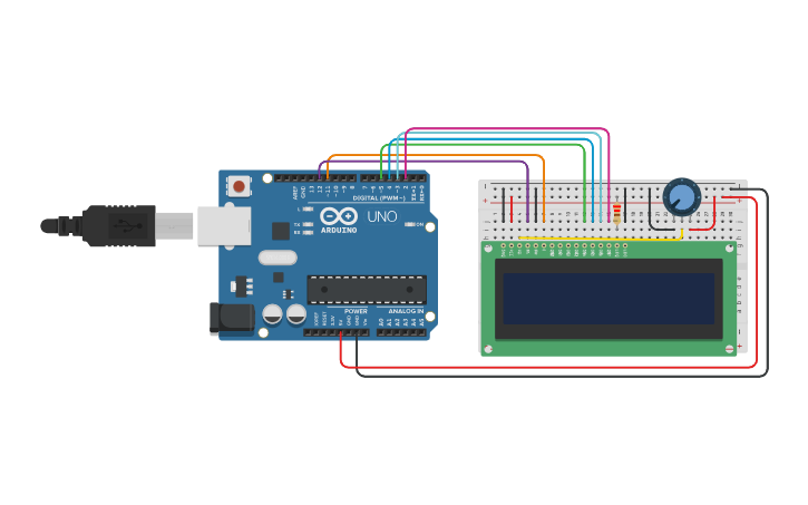 Circuit design LCD 16X2 ARDUINO berganti tulisan - Tinkercad