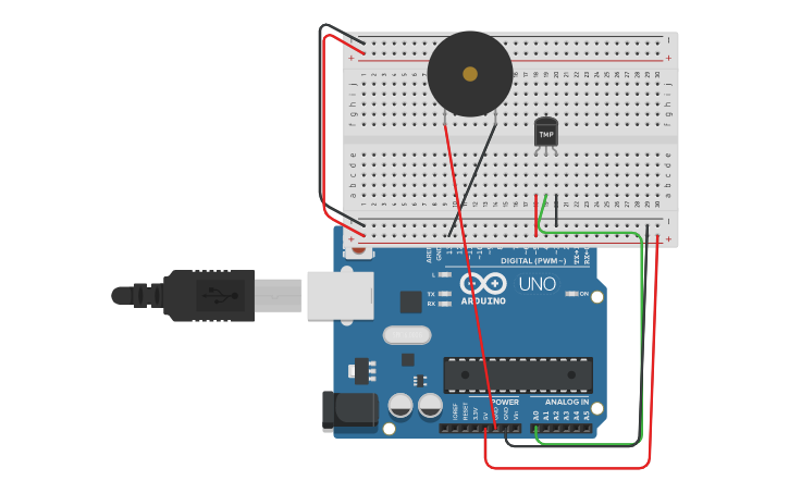 Circuit design Temperature with buzzer - Tinkercad