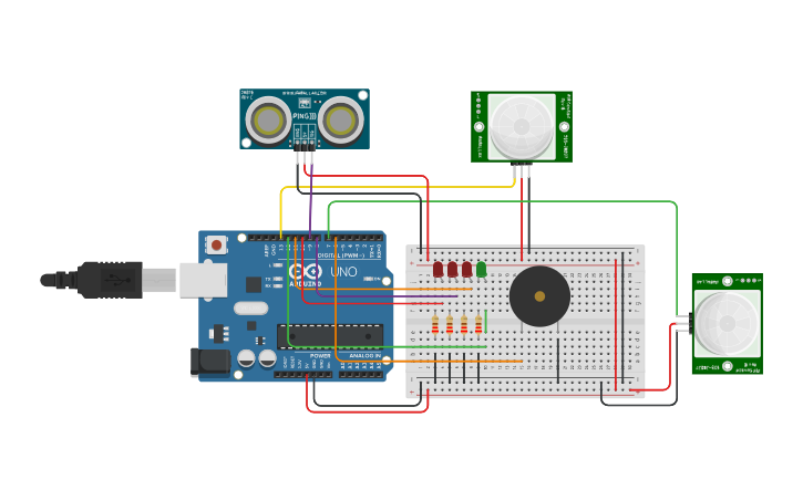 Circuit design Proyecto14-Sensor de movimiento y ultrasonido - Tinkercad