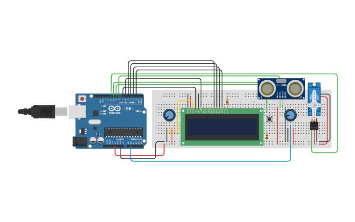 Circuit design pantalla LCD, sensor de Distancia y servomotor - Tinkercad