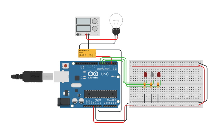 Circuit design Clase_lab11_Relé_y_Bombilla_3_leds | Tinkercad