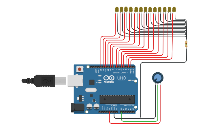 Circuit Design Arduino With Potentiometer Control 13 Leds Tinkercad