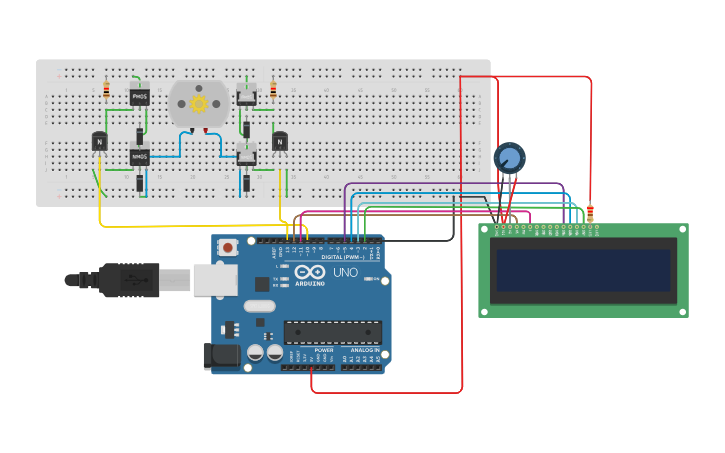 Circuit design H-BRIDGE MOSFET with LCD - Tinkercad