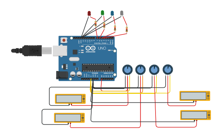 Circuit design Simular 4 Sensores | Tinkercad