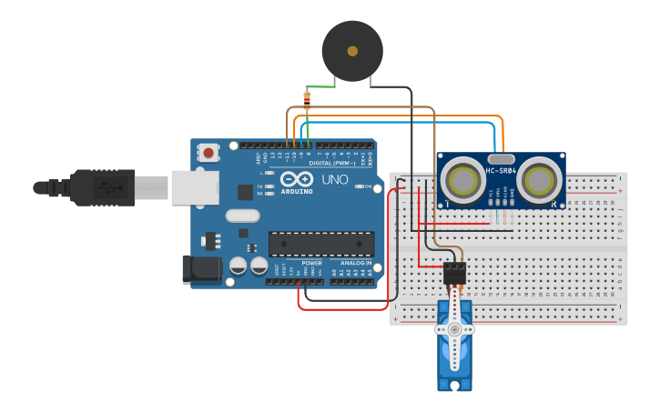Circuit design Konsep Sensor Jarak Pada Mobil - Tinkercad