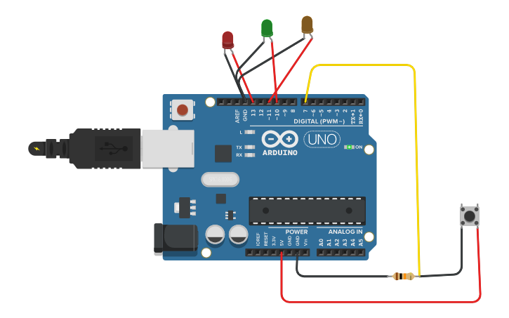 Circuit design Red Green Orange Arduino | Tinkercad