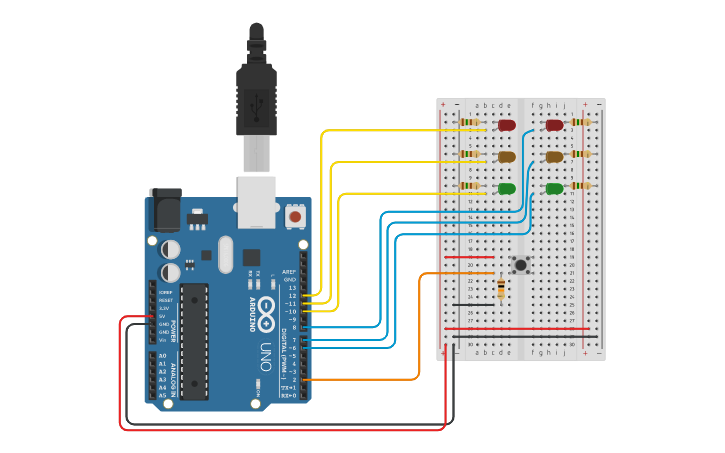 Circuit design U46 LO3: Broken - Crossroads Traffic Lights - Tinkercad