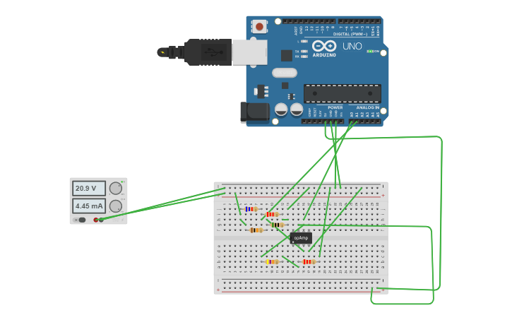 Circuit design VOLTAGE DIVIDER AND OP AMP CIRCUIT - Tinkercad