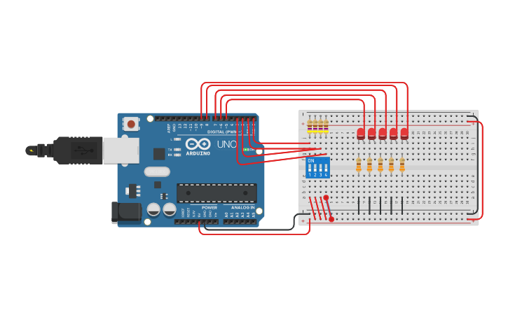 Circuit design Simulación 3 switch, 5 leds | Tinkercad