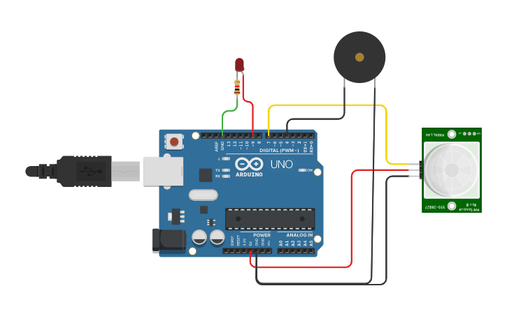 Circuit design Sensor PIR With LED and Buzzer - Tinkercad