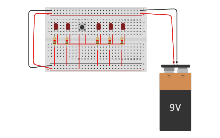 Circuit design 5 leds y un pulsador - Tinkercad