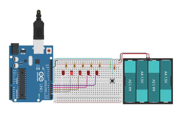 Circuit design secuencia de luces + intermitencia - Tinkercad