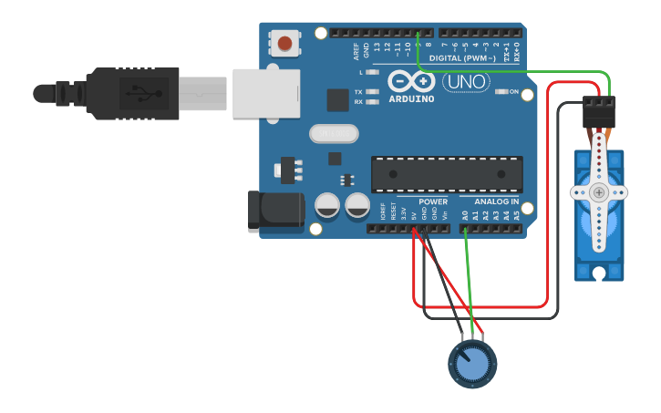 Circuit design Controlling a Servo with Potentiometer - Tinkercad