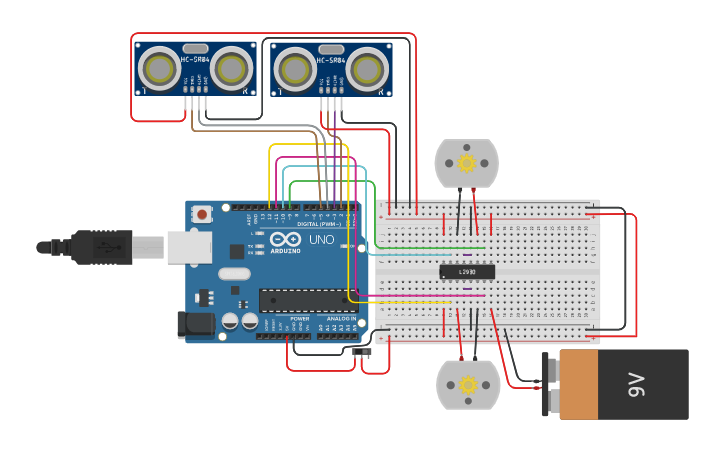 Circuit design control de motores con ultrasonido | Tinkercad