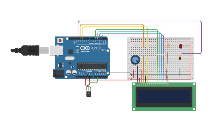 Circuit design ADC LCD LED interfacing - Tinkercad