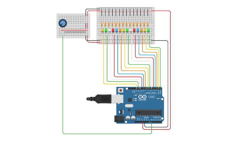 Circuit design Sequência LED com Potenciômentro - Tinkercad
